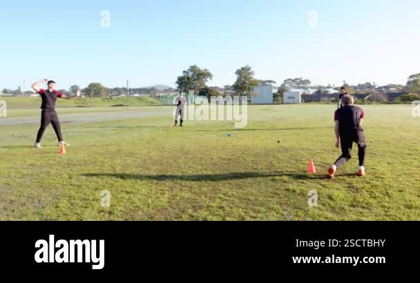 Teams of multiracial male cricket players practicing cricket on pitch ...