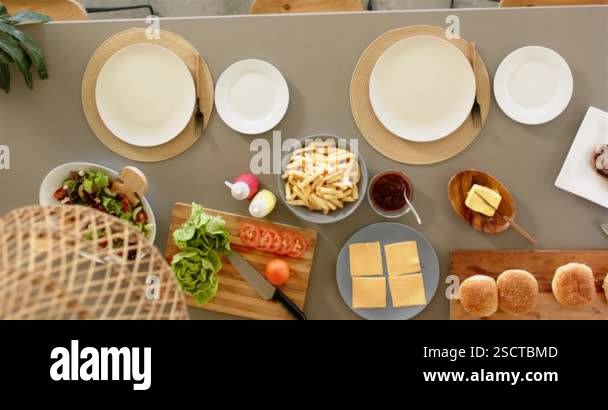 Preparing meal, various ingredients for homemade burgers on kitchen ...