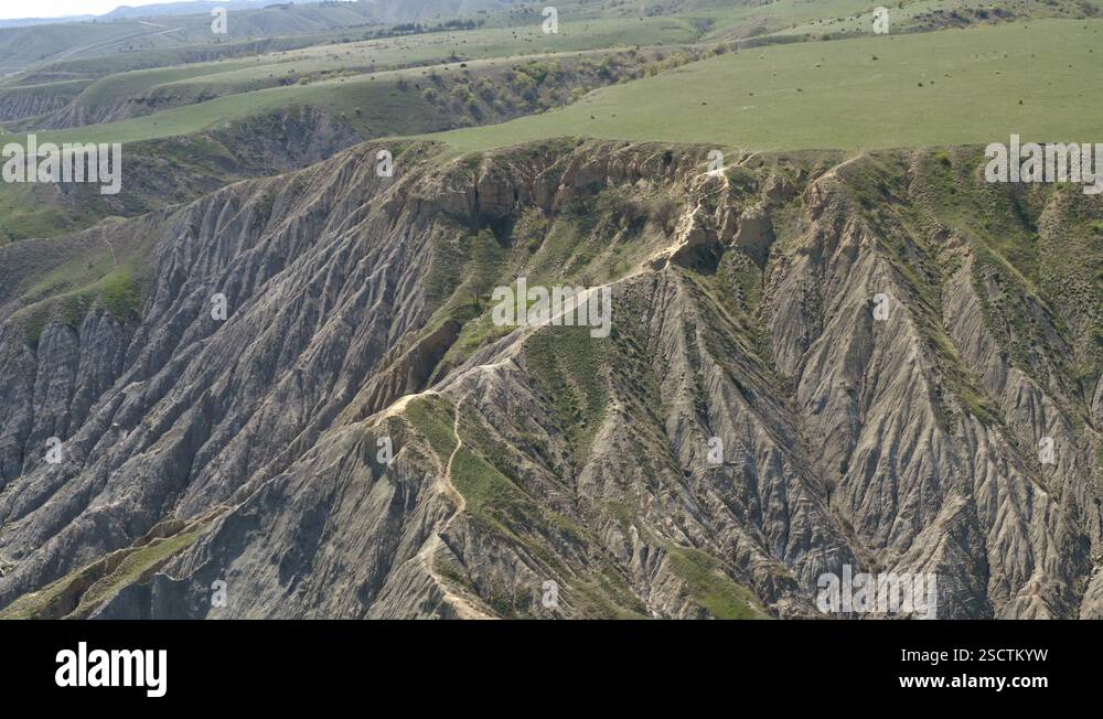 Aerial drone view green desert mountain plateau. Panorama steep rocky ...