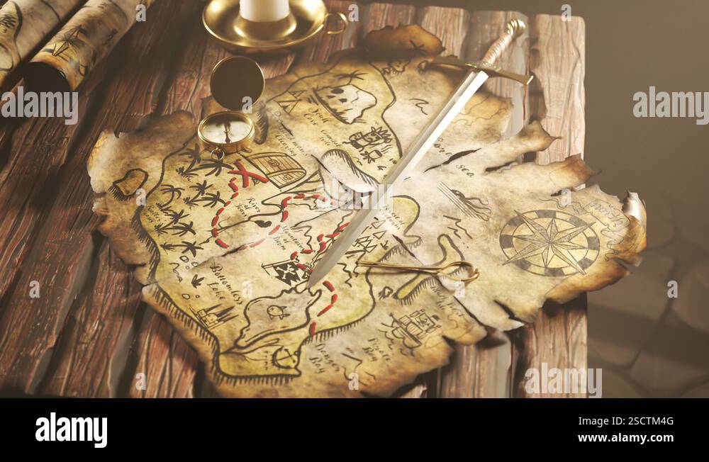 Old, worn handmade treasure map on a cartoon tavern table with sword ...