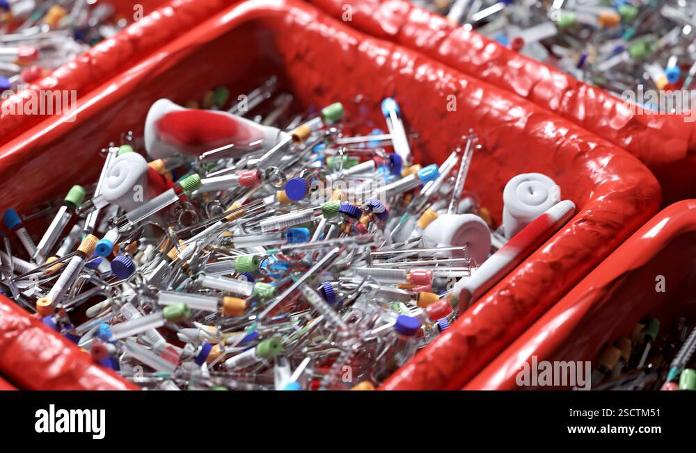 Medical waste in trash cans. Red bin liner. Hospital garbage. Gauze and ...