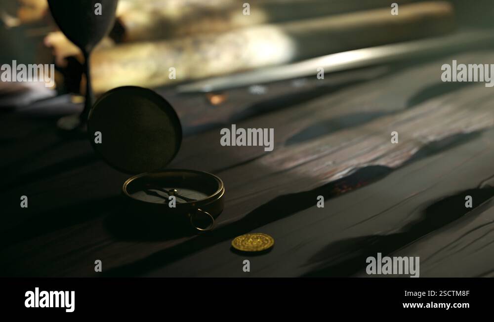 Hand-drawn ancient map with animated drawings rolls out on the wooden ...