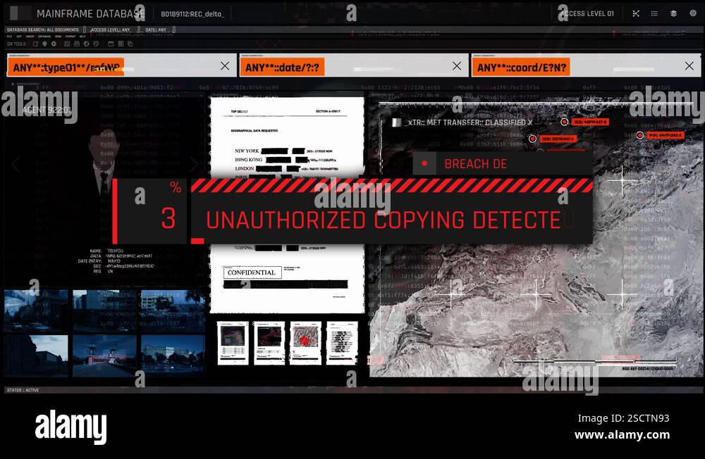 Unauthorized copying detected text, spy stealing data, passwords ...