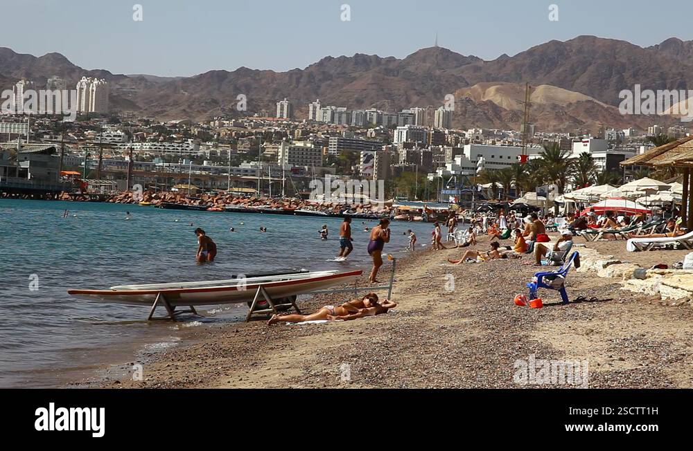 Skyline of Eilat: coastline, beach, hotels, promenade, mountains and ...