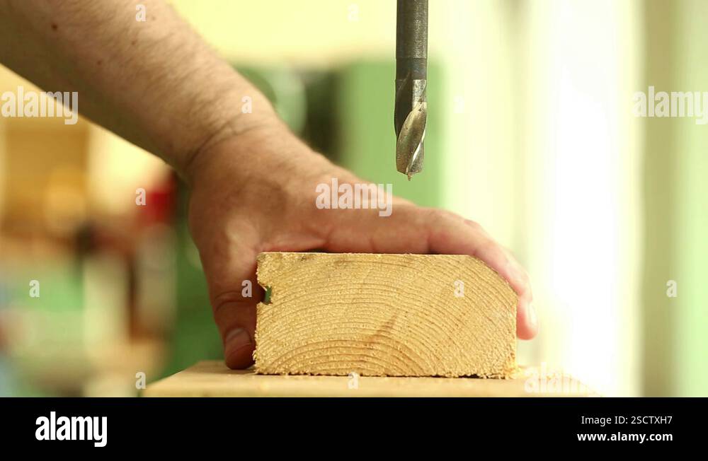 Drilling wood with a drill machine in carpentry on a light background ...
