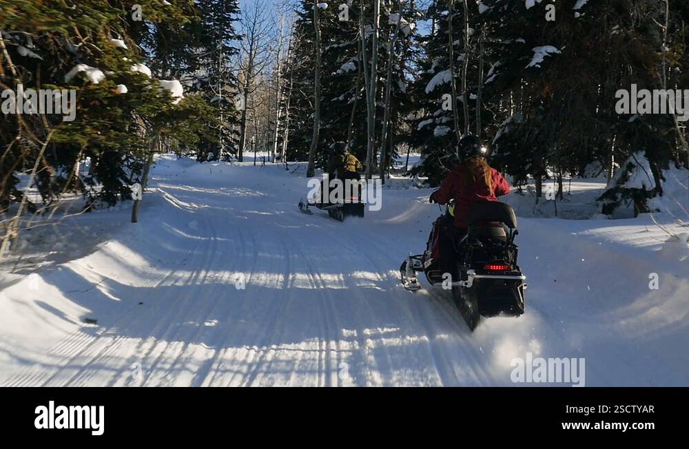 Slow motion tracking clip as parents are riding snowmobile with their ...