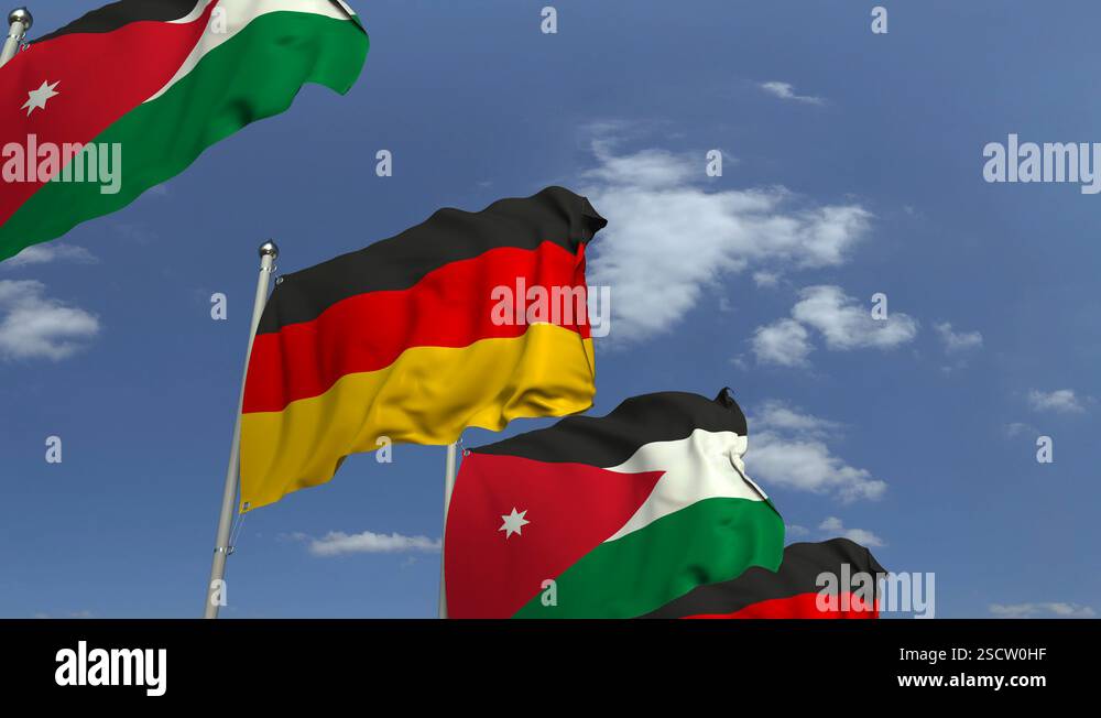 Waving flags of Jordan and Germany on sky background, loopable 3D ...