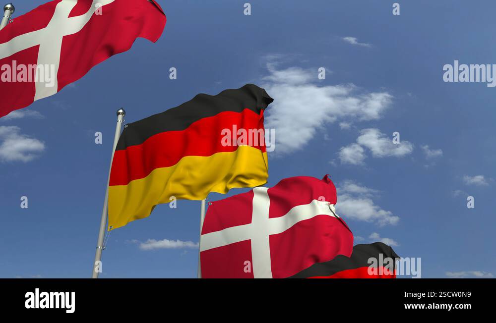 Waving flags of Denmark and Germany on sky background, loopable 3D ...