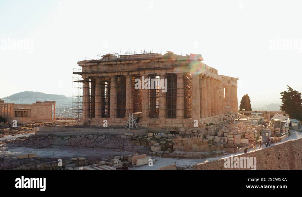 Main symbol of ancient Greece, the Acropolis at sunrise. Restoration ...