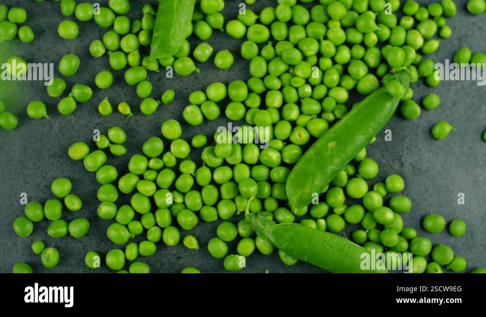 Green fresh pea and shell falling in slow motion. Close up food ...