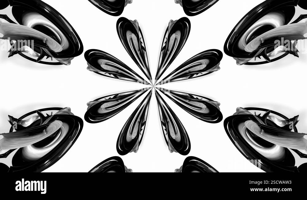 4k loop animation with black and white ribbons are twisted and form ...