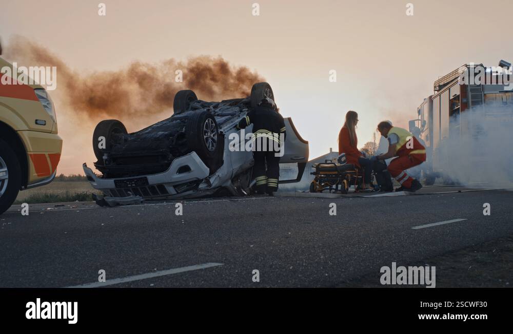 Car Crash Traffic Accident: Paramedics and Firefighters Rescue Trapped ...