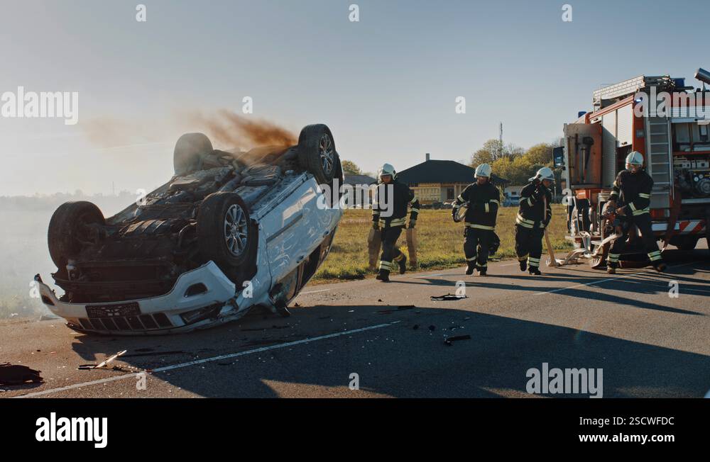On Car Crash Traffic Accident Scene: Paramedics and Firefighters Rescue ...