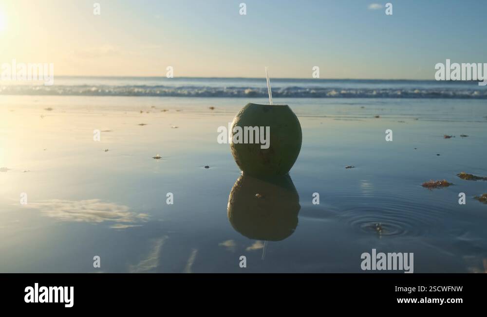 Coconut on the sand floor on the beach. Waves on the beach come to the ...