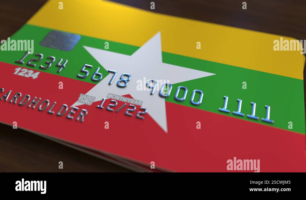 Bank card featuring flag of Myanmar. Myanma national banking system ...