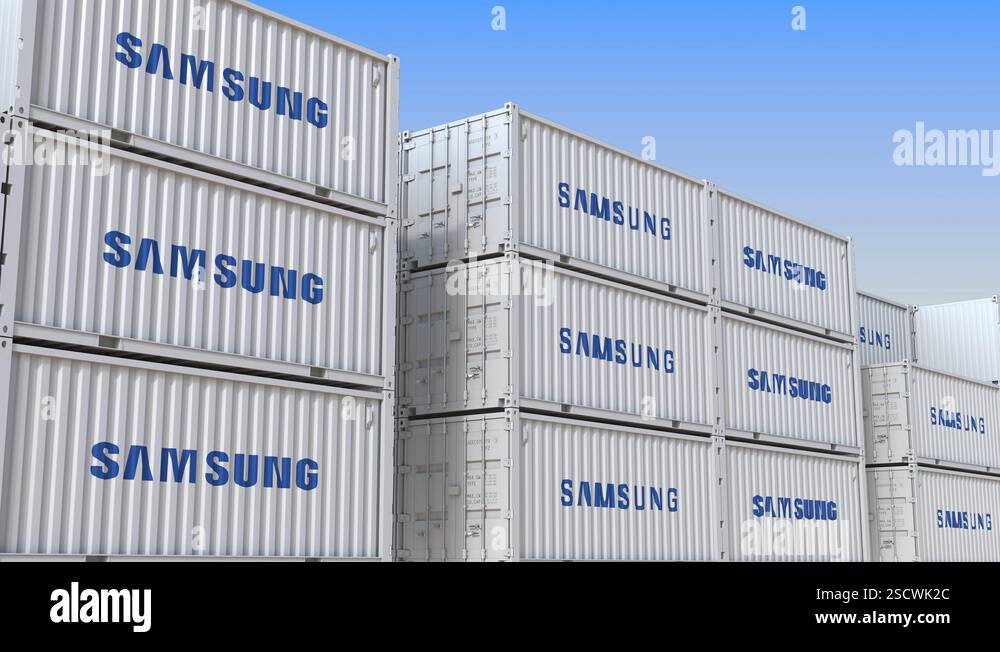 Container terminal full of containers with logo of Samsung. Shipment ...