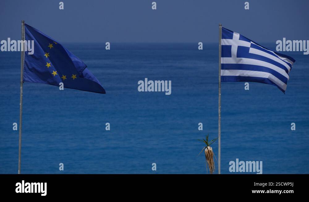 Greece and European Union Flags Image with Blue Water Sea in Background ...