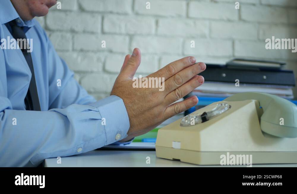 Nervous Man in Office Expecting a Phone Call Pick Up Quickly Telephone ...