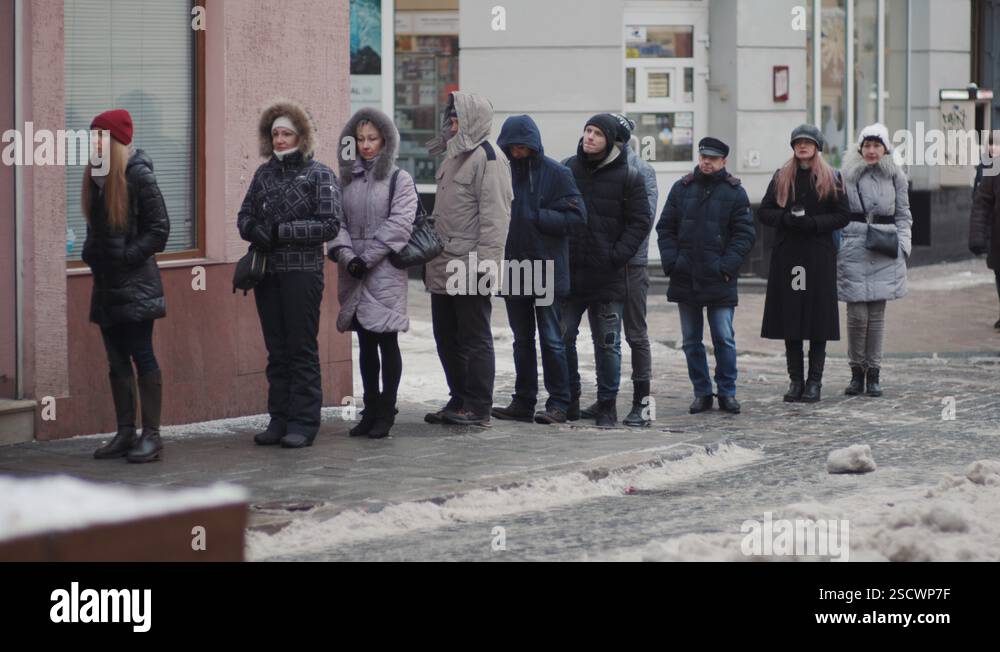 NEW YORK - April 19, 2019: Close up queue of people waiting in line to ...
