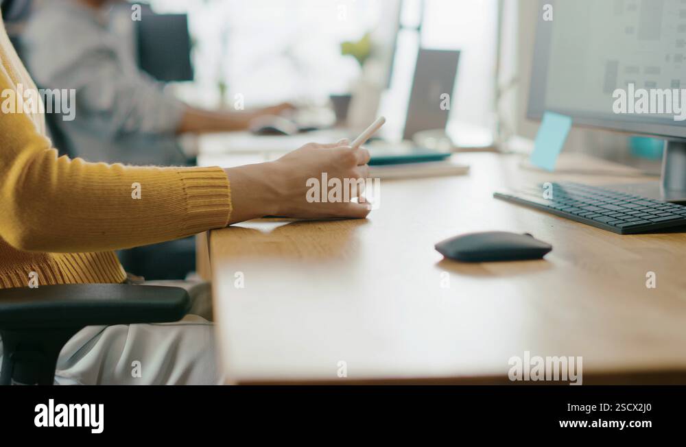Talented Female Designer Sitting at Her Desk She's Drawing Writing and ...