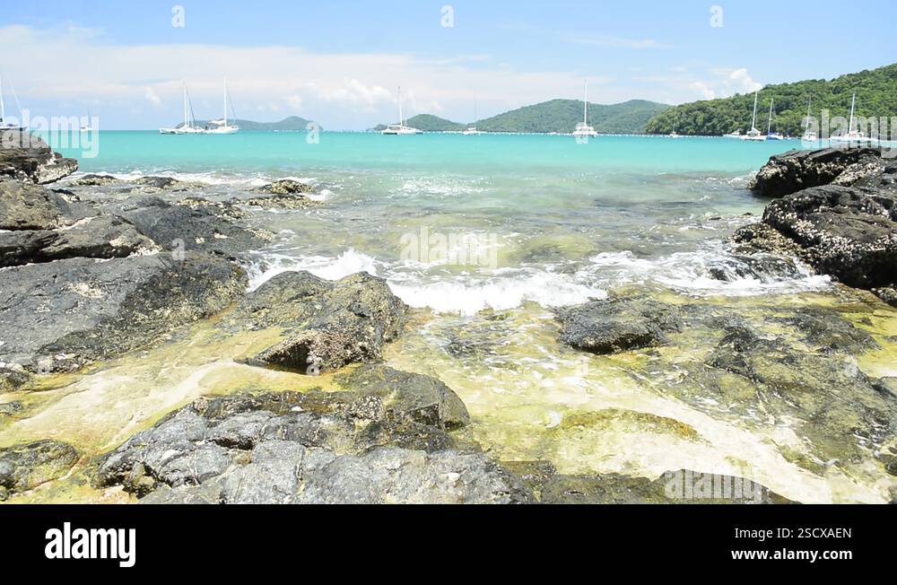 Scenery of Ao Yon Bay with clear sea water and yachts Stock Video ...