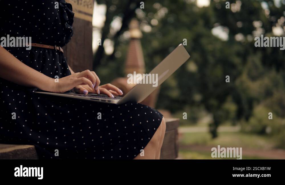 Woman Hands Typing On Notebook Laptop Keyboard.Close-Up Woman Use ...