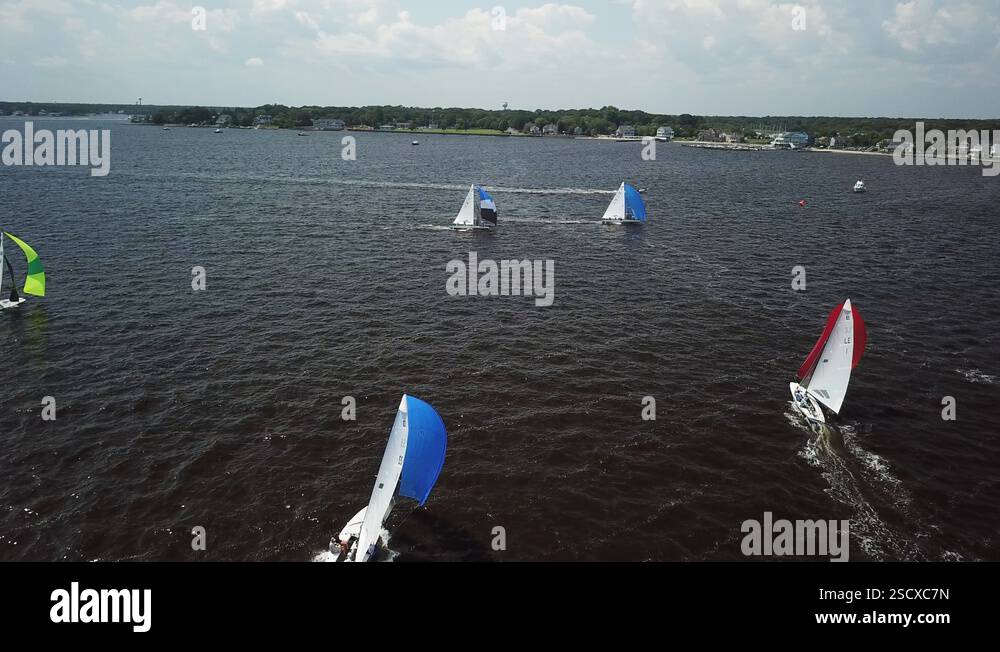 Aerial View 4K - E Scow Sailboat Race on the Barnegat Bay (BBYRA ...