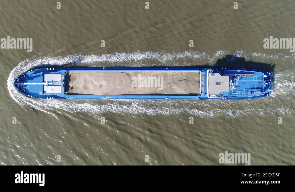Aerial top down view of barge flat-bottomed ship built for river ...