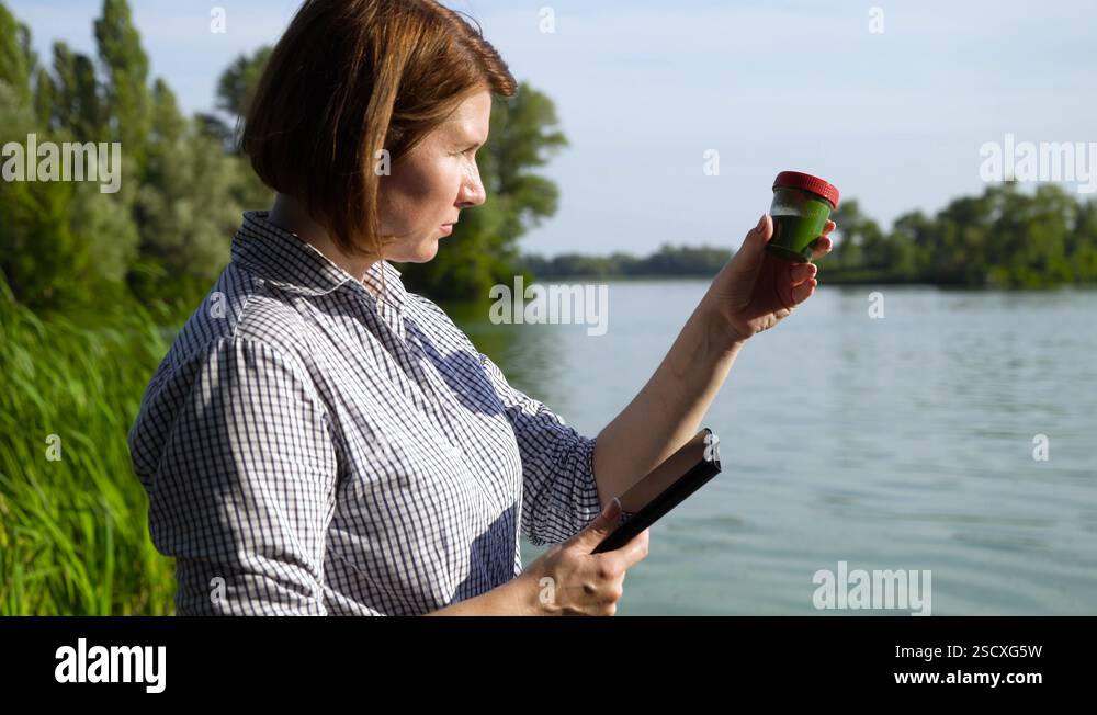 side view of ecologist examining green algae sample and entering data ...