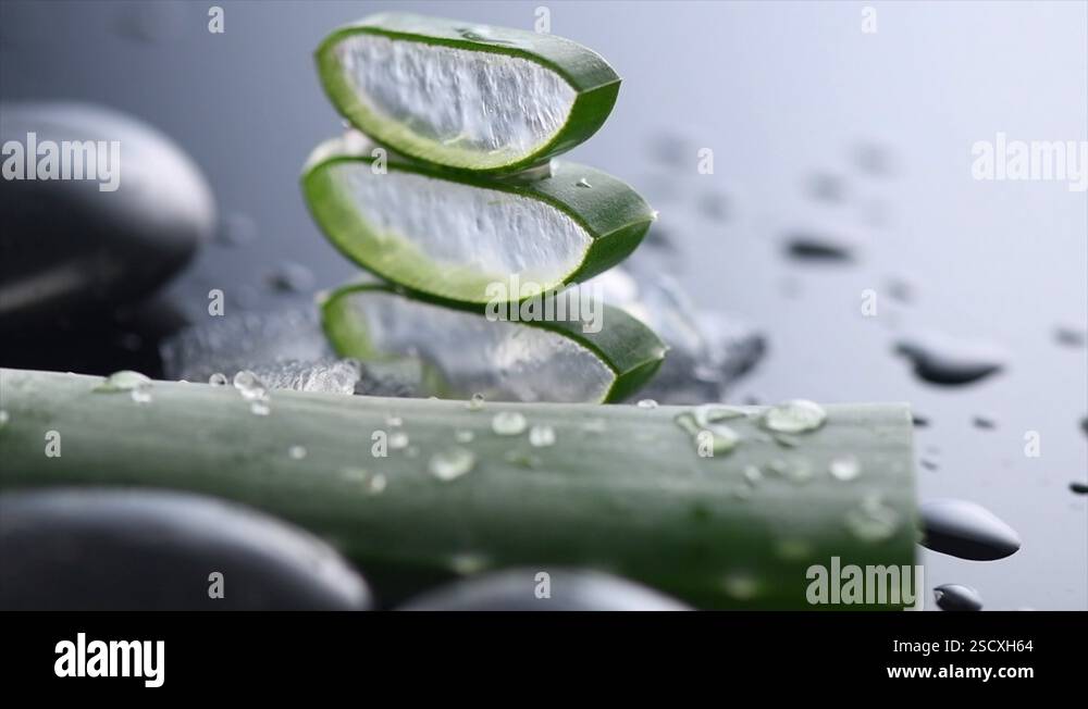 Aloe Vera slices and spa stones rotated closeup. Aloevera plant leaf ...