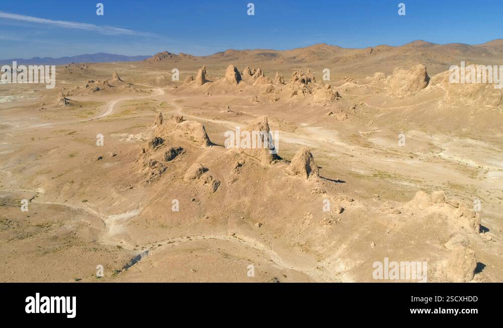 Aerial 4K view of the tufa formations on the edge of Searles dry lake ...