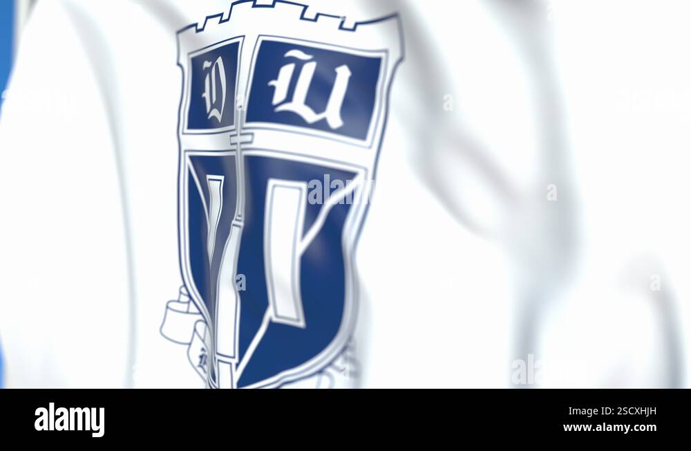 Waving flag with Duke University emblem, close-up. Editorial loopable ...