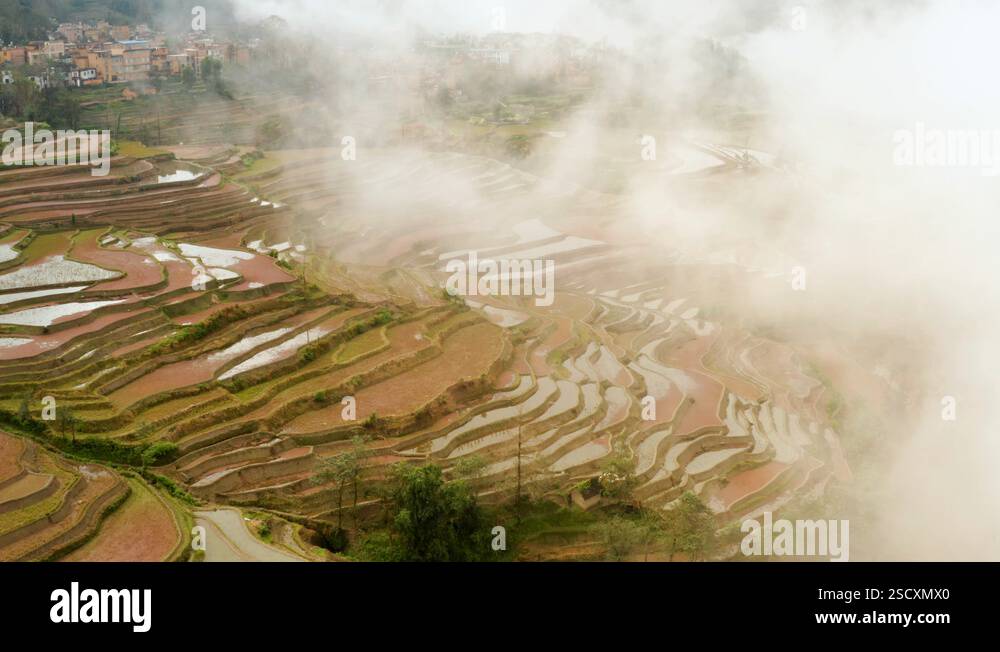 Aerial of the rice fields and villages of Yuanyang County China Stock ...