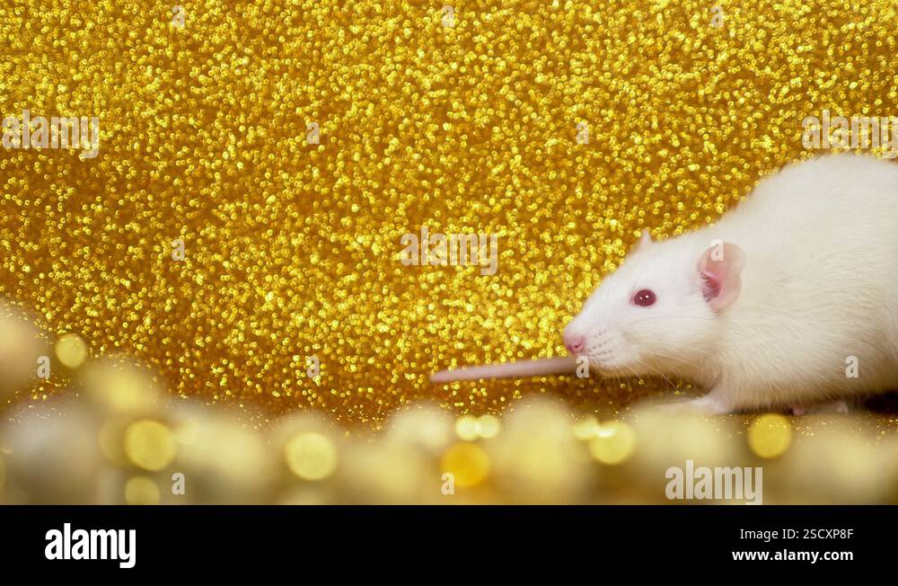 white rat on a gold background. close-up. Symbol of 2020. Copy space ...