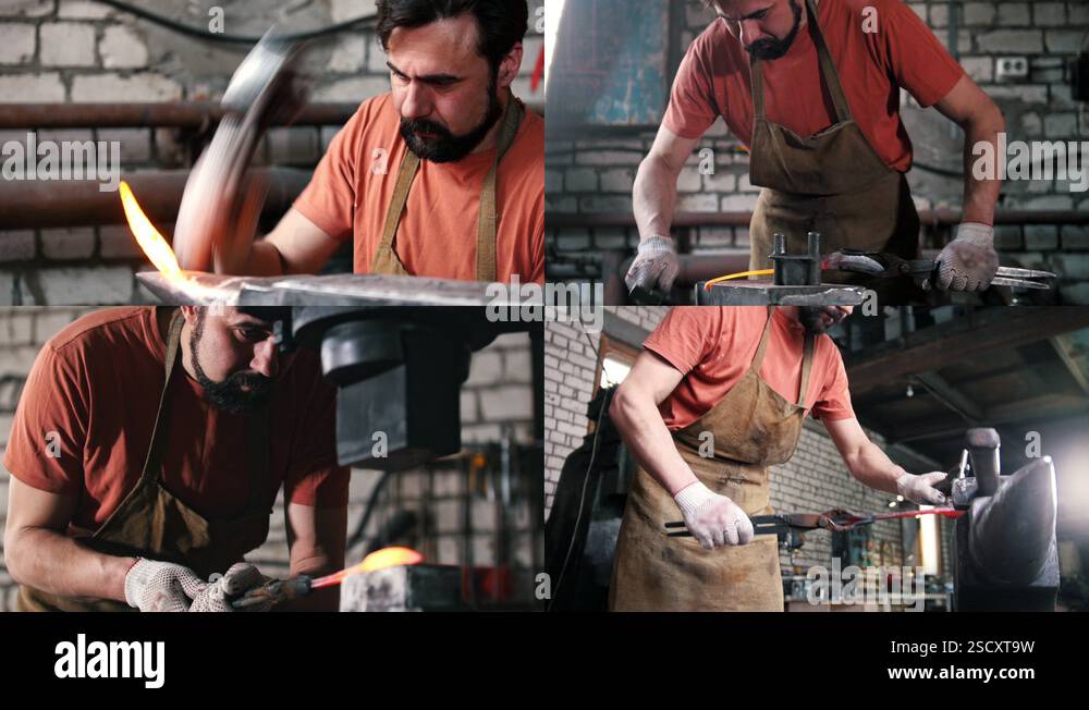 4 in 1: A man blacksmith works in the forge Stock Video Footage - Alamy