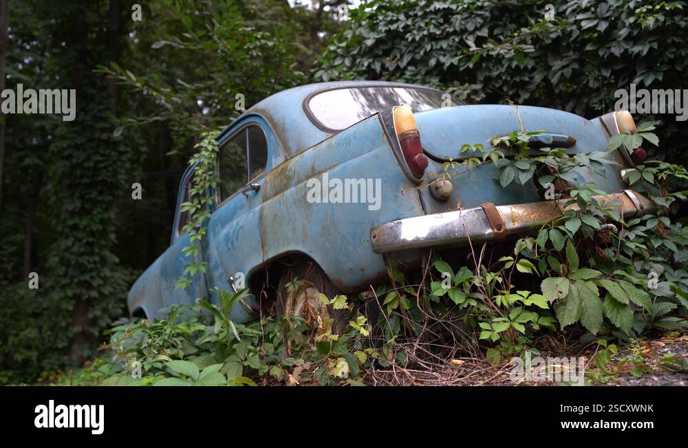 Abandoned rusty car in junkyard. Forgotten discarded rusty old blue car ...