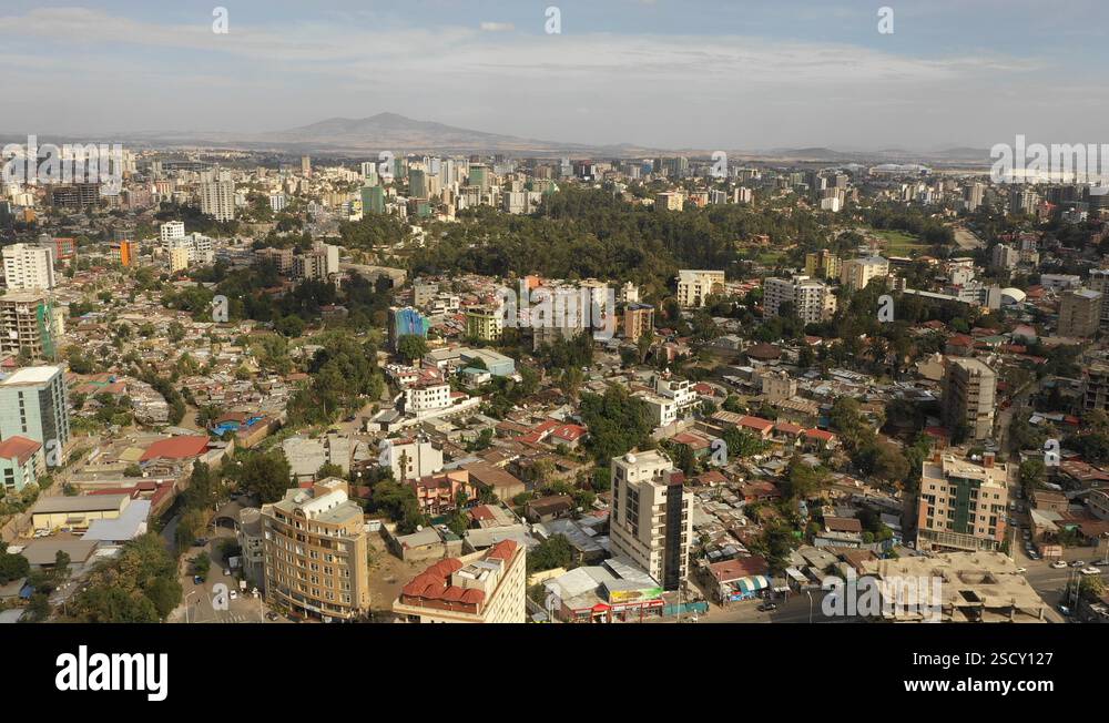 Drone shot flying over residential neighborhood in Addis Ababa, urban ...