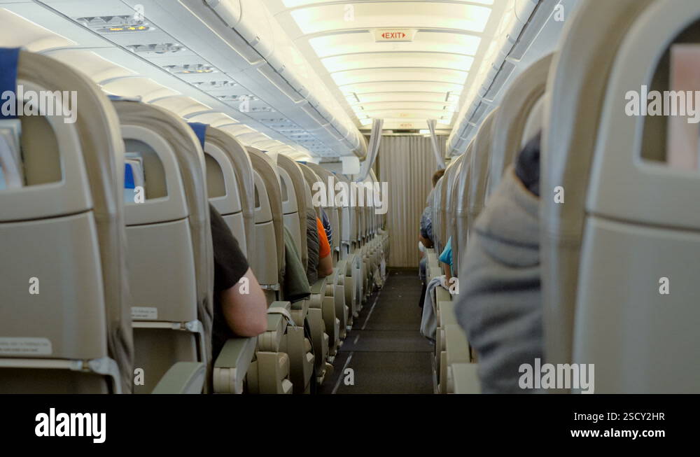 Interior of aircraft. Rows of seats on the plane with passengers on ...
