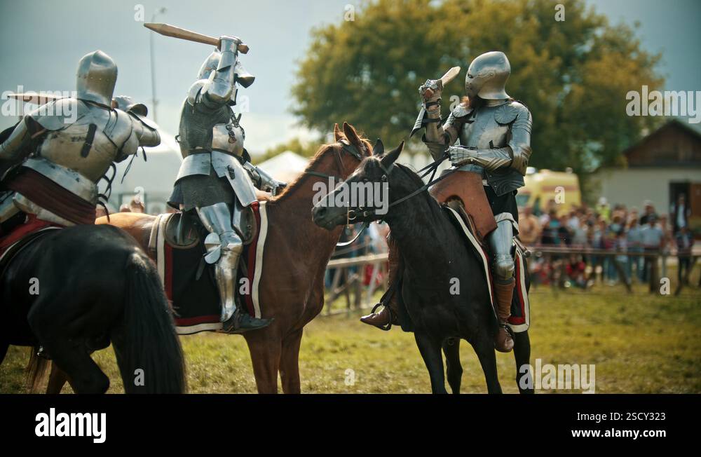 BULGAR, RUSSIA 11-08-2019: Knights having a battle on wooden swords on ...