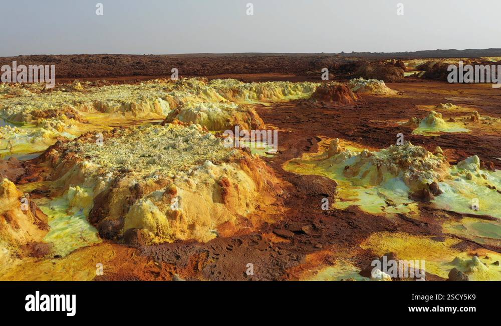 Drone flight over pools of acid sulfuric minerals at Dallol volcanic ...