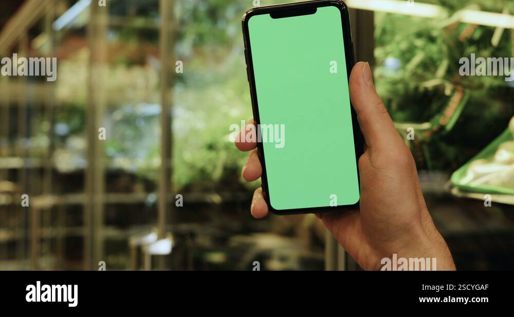 Black smartphone with a chroma key being held vertically by Caucasian ...