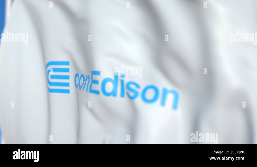 Waving flag with Consolidated Edison logo, close-up. Editorial loopable ...