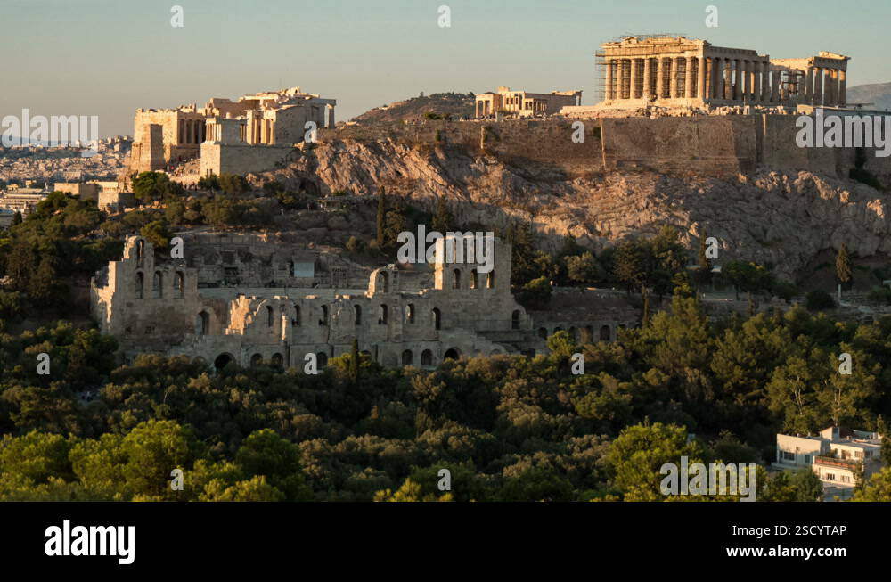 Traditional Athens Acropolis as a timelapse shot with gigantic columns ...