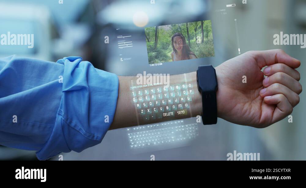 A man is using holographic phone integrated in arm to call his friend ...