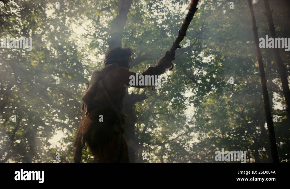 Primeval Caveman Wearing Animal Skin Hold Stone Tipped Spear Looks ...