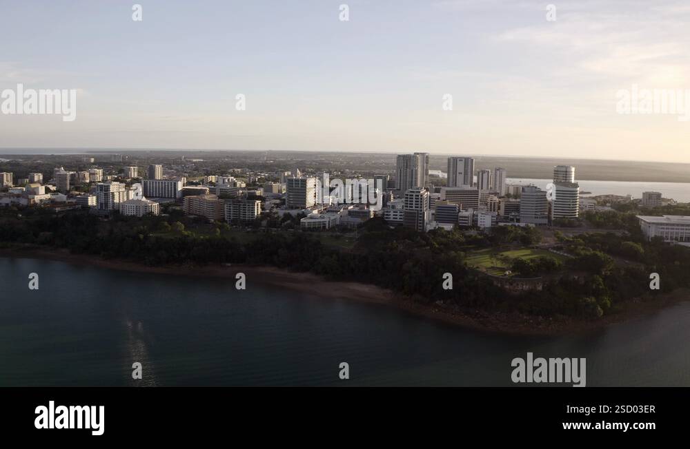 Aerial of The Sun Shines on the Buildings and Parks in Darwin Stock ...