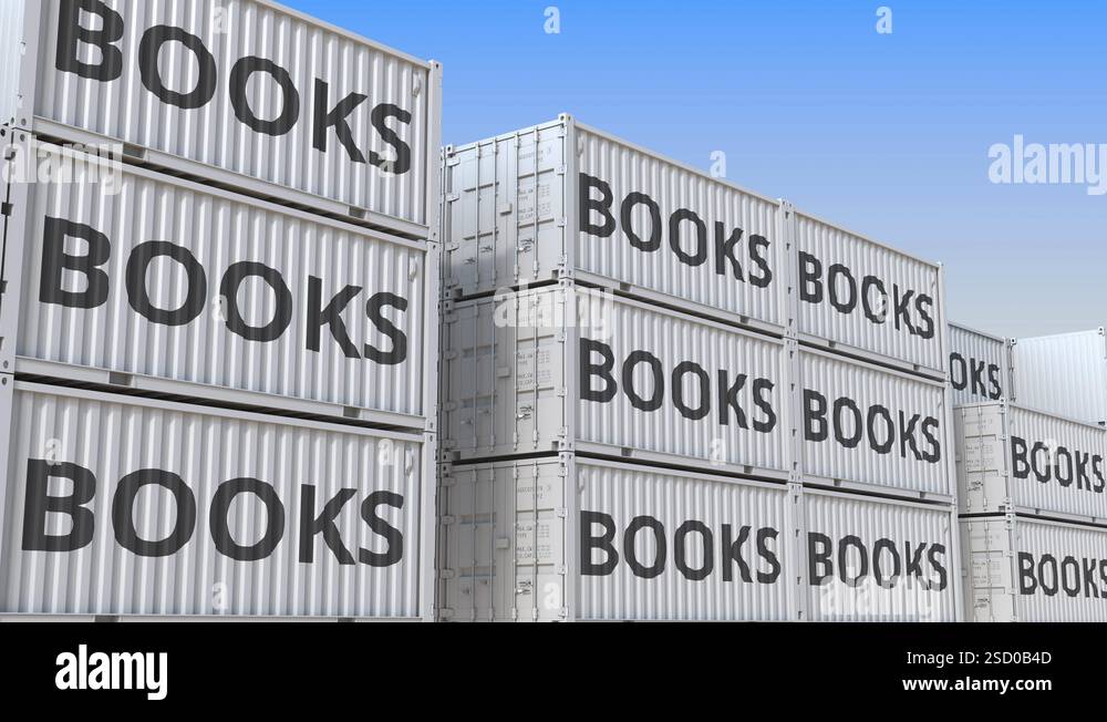 Container terminal full of containers with books. Production, export or ...