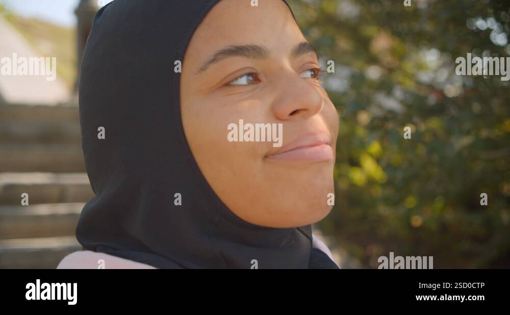 Closeup portrait of young attractive african american muslim girl in ...