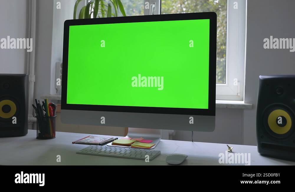 Workplace at loft room with personal computer green screen and chroma ...