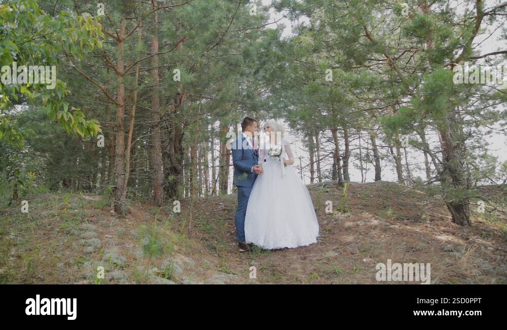 Very beautiful bride and groom hold hands and hug in the forest Stock ...